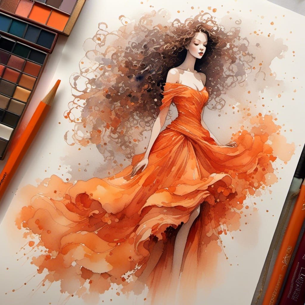 Create a fashion sketch of a figure wearing a vibrant orange dress with ...