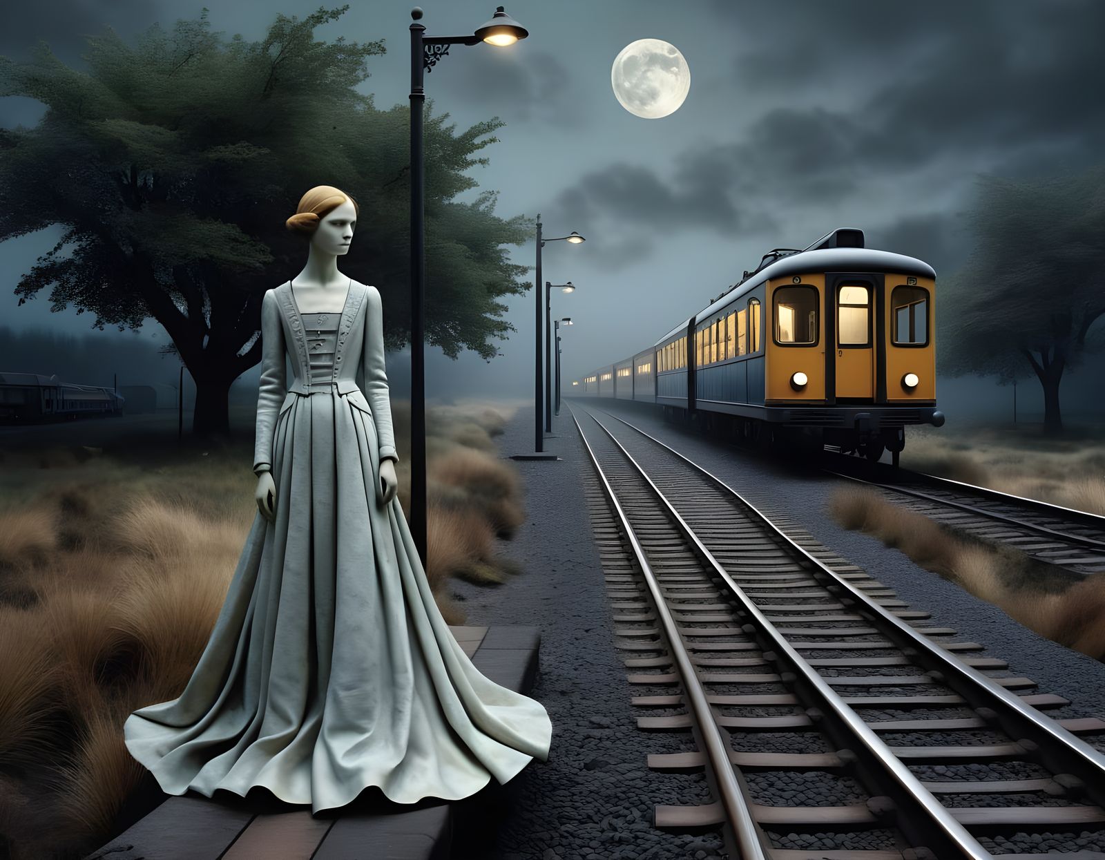 The mysterious wait -10 - Surrealist Train Station at Dusk