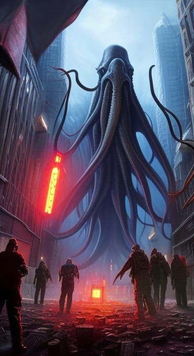 A dark and moody digital painting of a giant Cthulhu in a dystopian and ...
