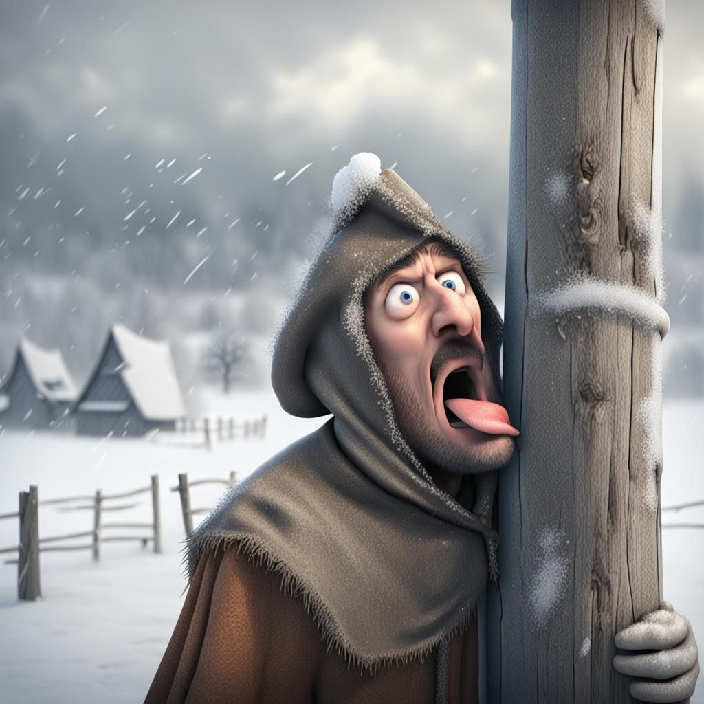 CGI cartoon scared person dressed as a medieval peasant with his tongue ...