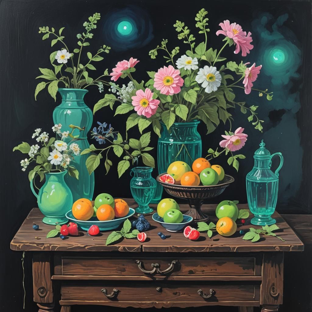 Dark turquoise still life - AI Generated Artwork - NightCafe Creator