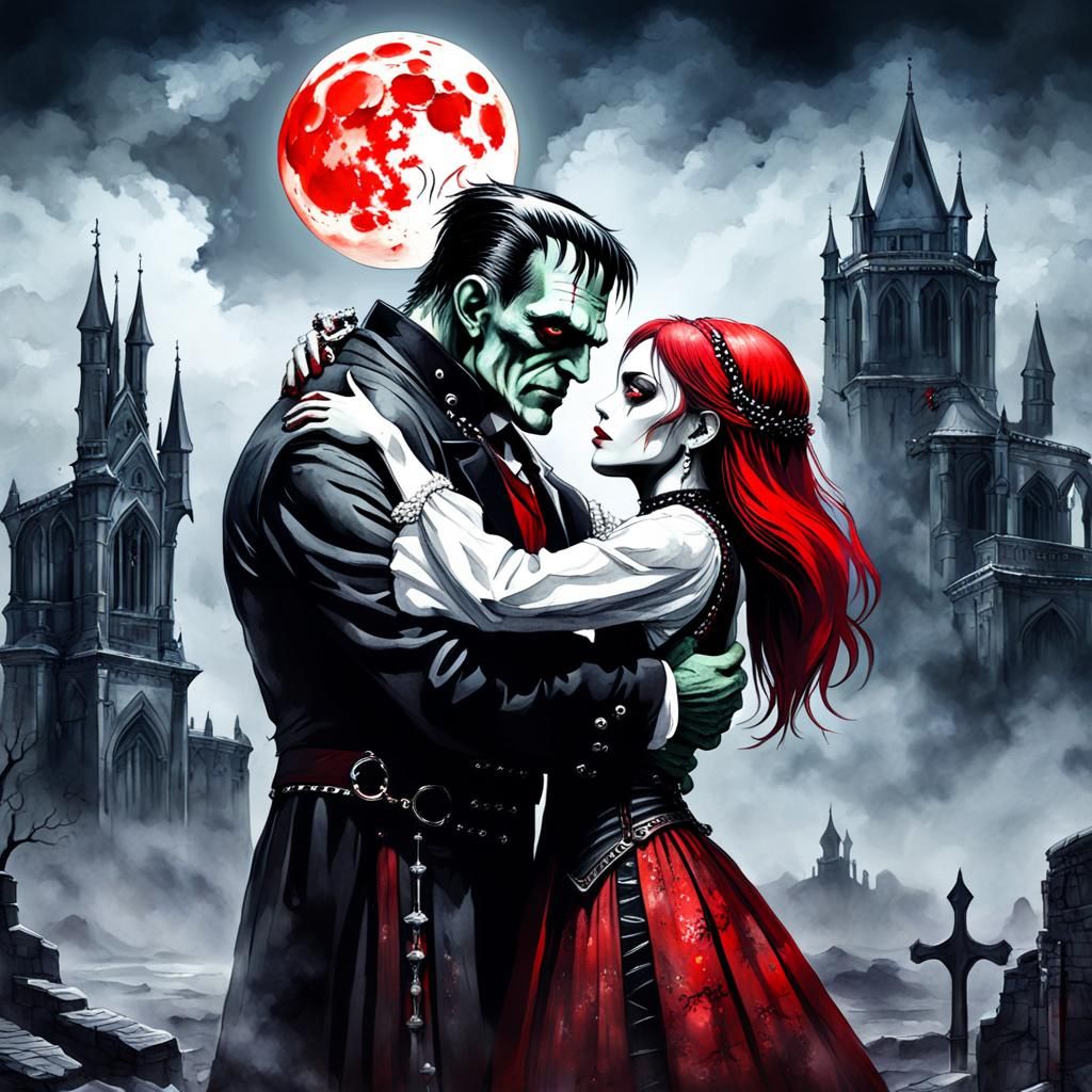 Frankenstein hugging with a beautiful gothic girl, - AI Generated Artwork - NightCafe Creator