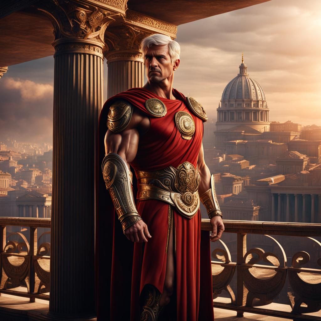 Futuristic Bodybuilder Emperor Trajan in Roman balcony overseeing the ...