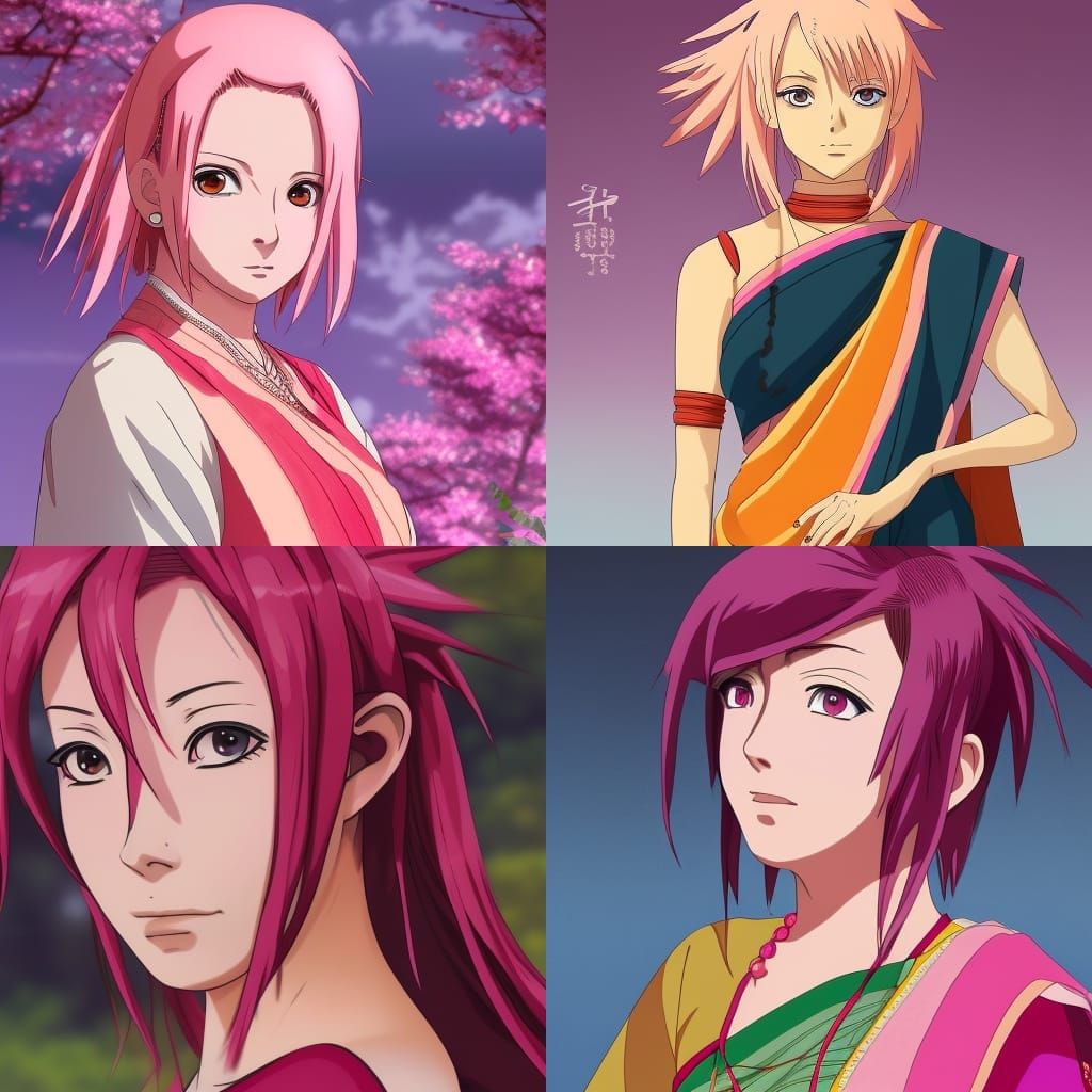 anime sakura haruno in bengali saree, makeup and hairdo portrait - AI ...