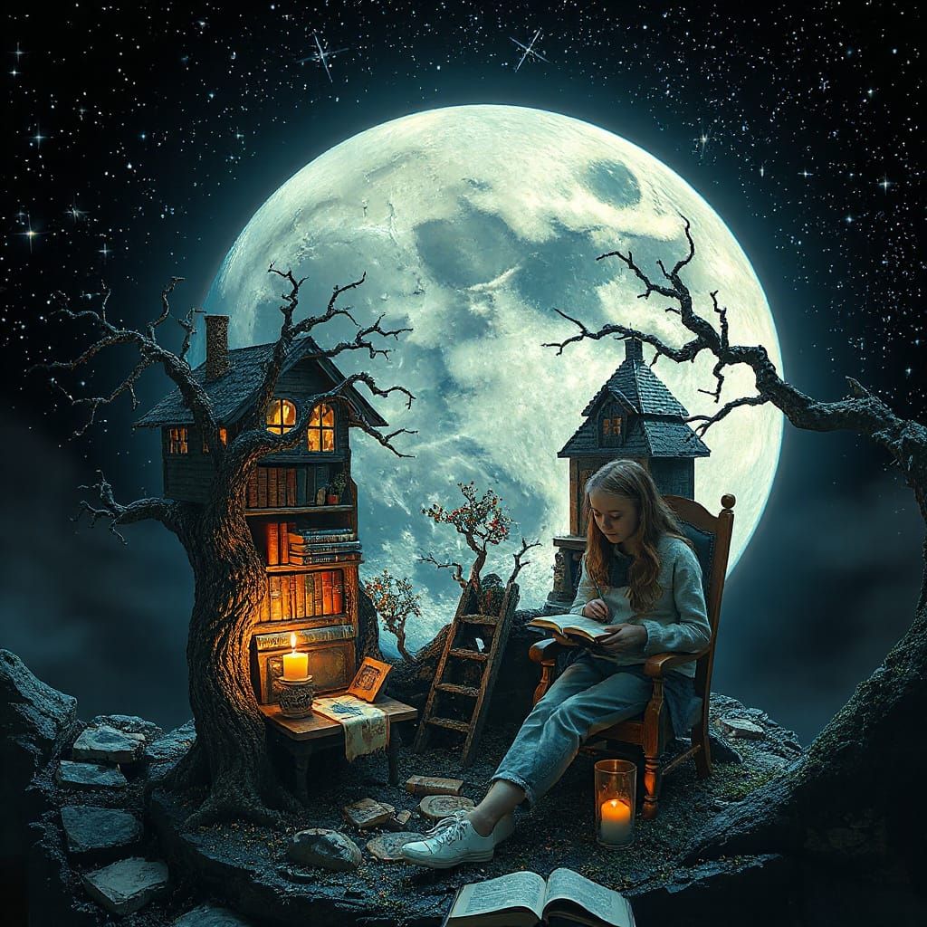Ethereal Lunar Bookstore Scene in Whimsical Fantas... - AI Art