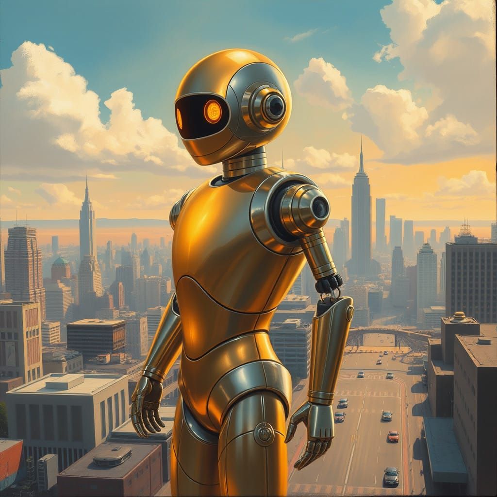 Optimistic Retro-Futuristic Robot Surrounded by Bu... - AI Art