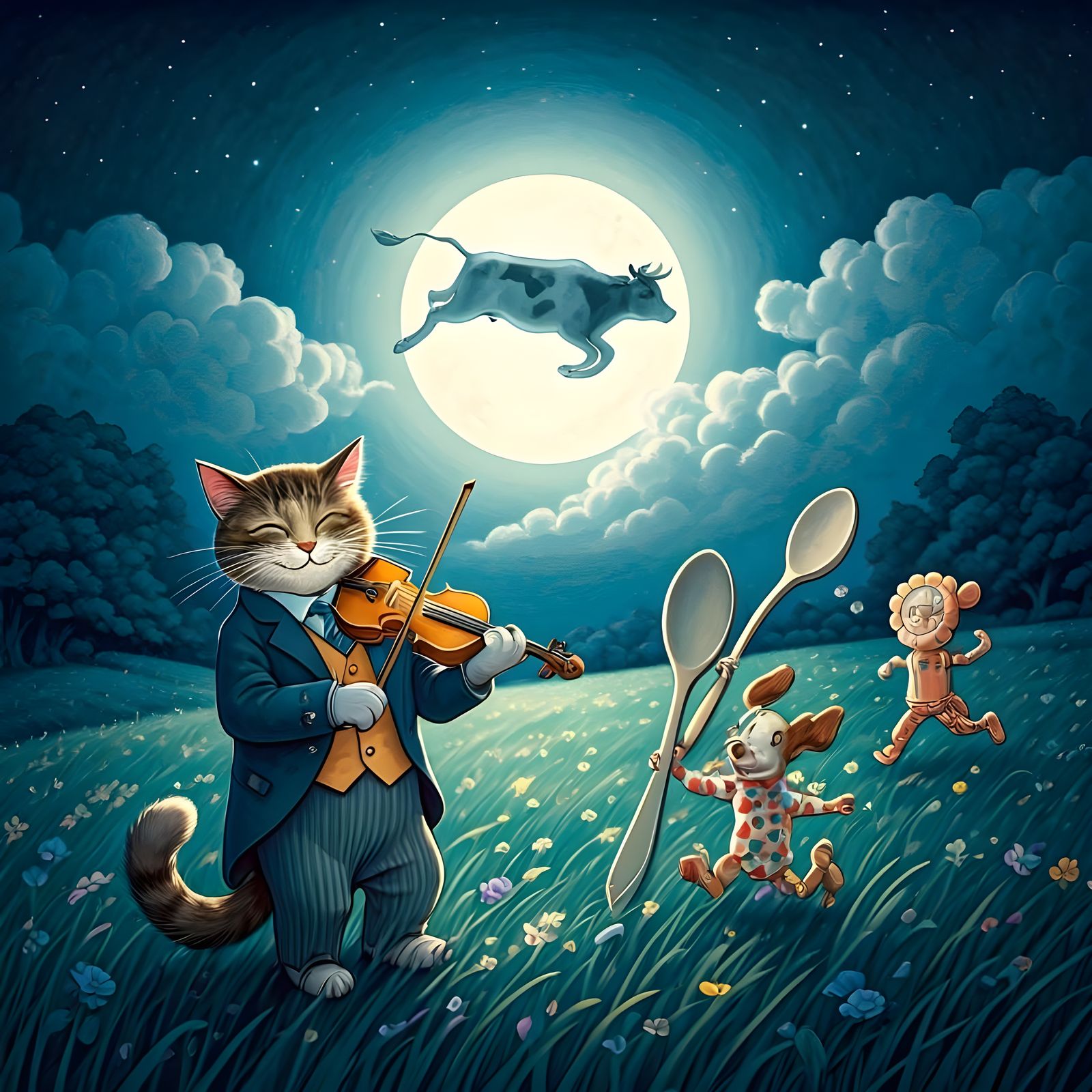 Nightcafe Nursery Rhymes Hey Diddle, Diddle. A whimsical scene of a cat ...
