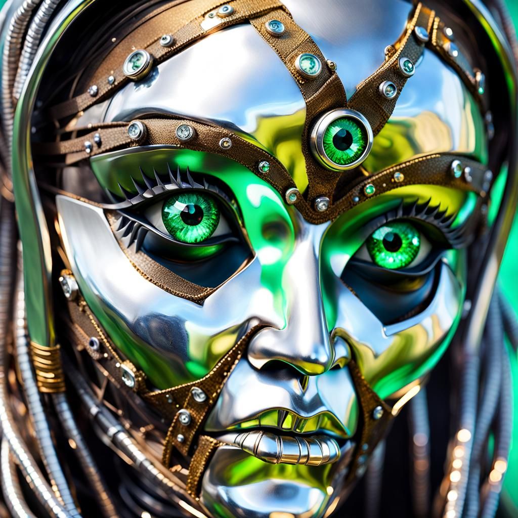 Close-up metallic mummy patched liquid and glitter sculpture with weird ...