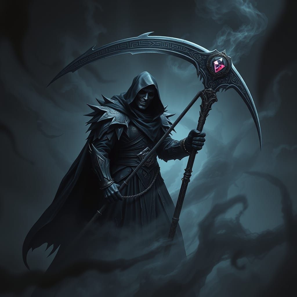 Grim Reaper in Gothic Shadow Armor Smiling in Dark... - AI Art