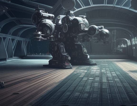 midday garden intricate mech details, ground level shot, 8K resolution ...