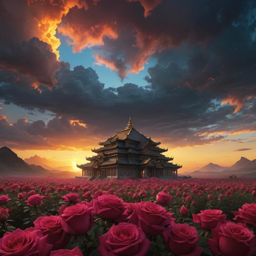 High Fantasy epic beautiful temple within a field of roses, golden ...