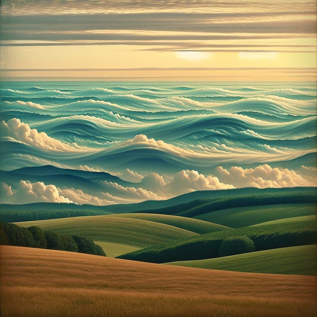 Create an optical illusion where there's a landscape with clouds at the ...