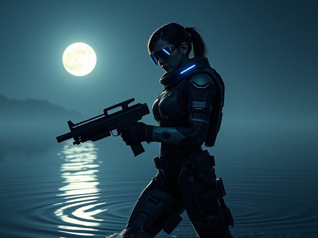 In the dark, a female warrior wearing a nano-tech soldier costume ...