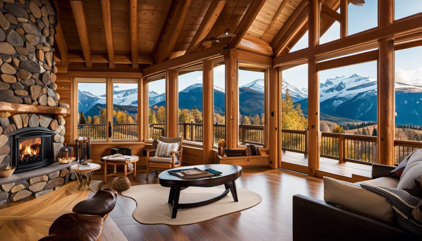 a cabin interior with mountain views - AI Generated Artwork - NightCafe Creator