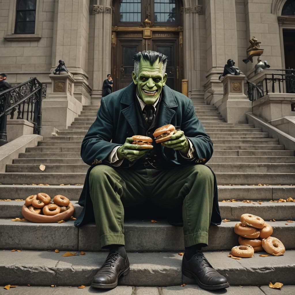 Frankenstein enjoys eating his bagel sandwiches while sitting on the ...