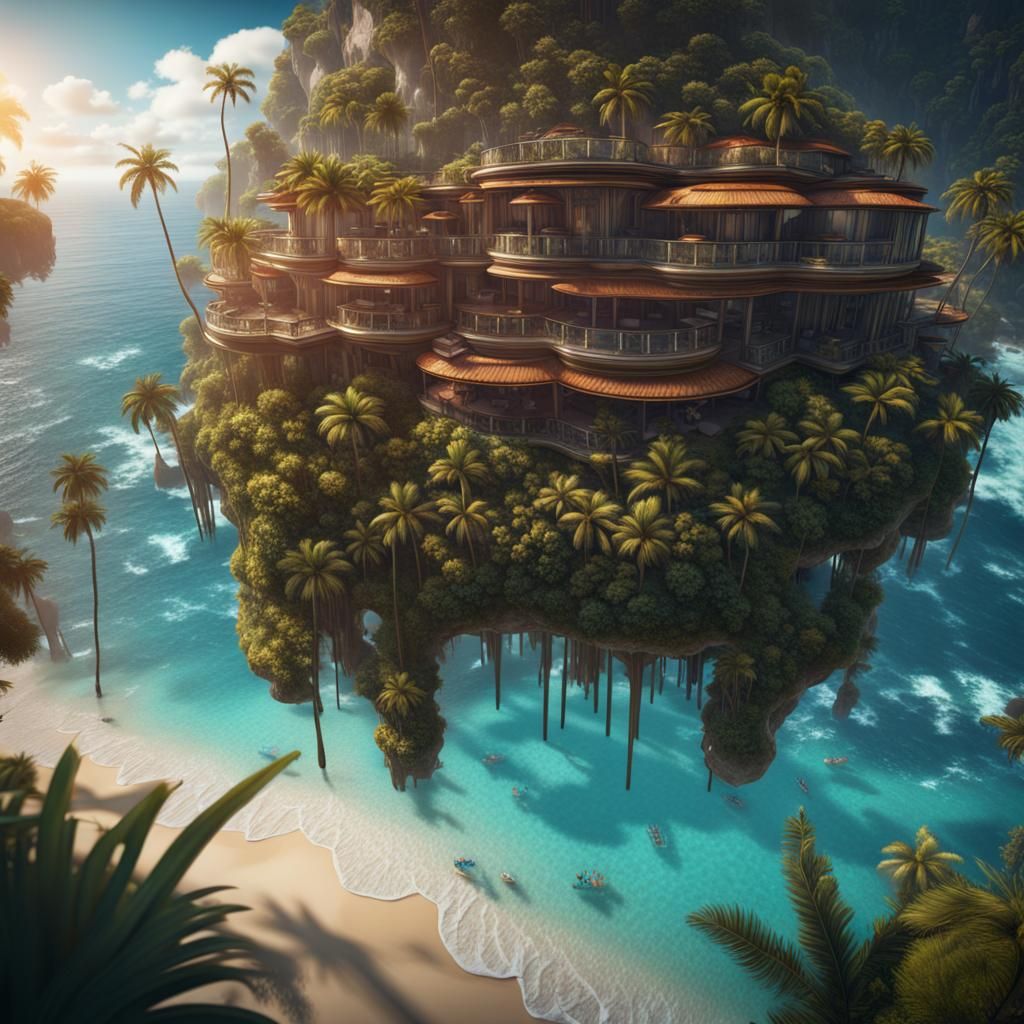 An upside down view of the view from an oceanside hotel on a tropical ...