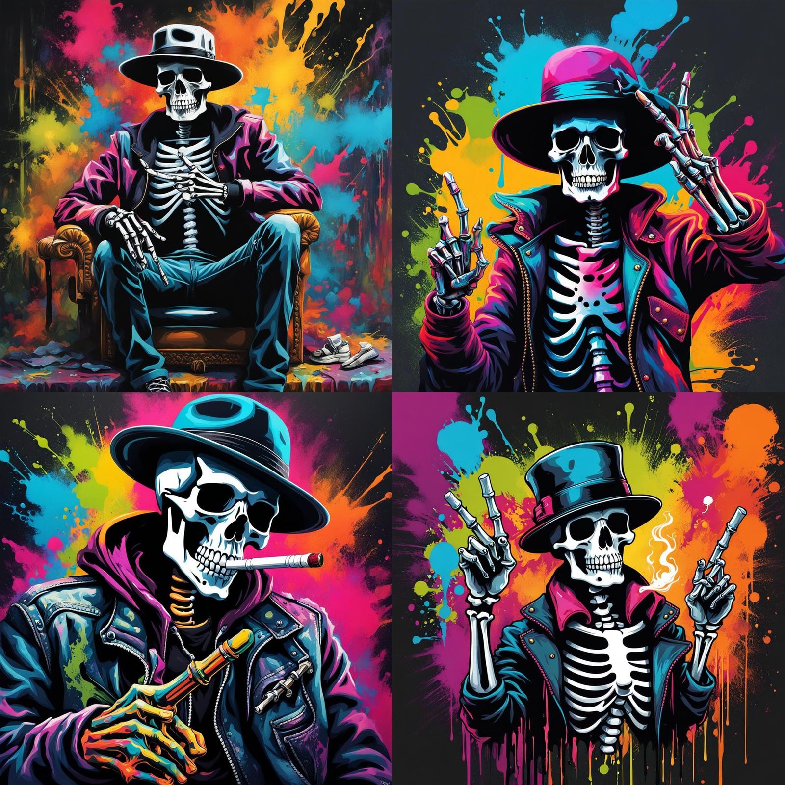 Skeleton leaned back smoking flipping off the middle finger with a hat ...