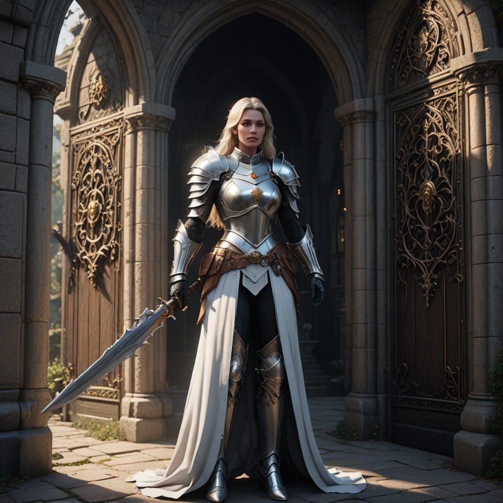 Ethereal Knightess Guards the Castle Gates - AI Art