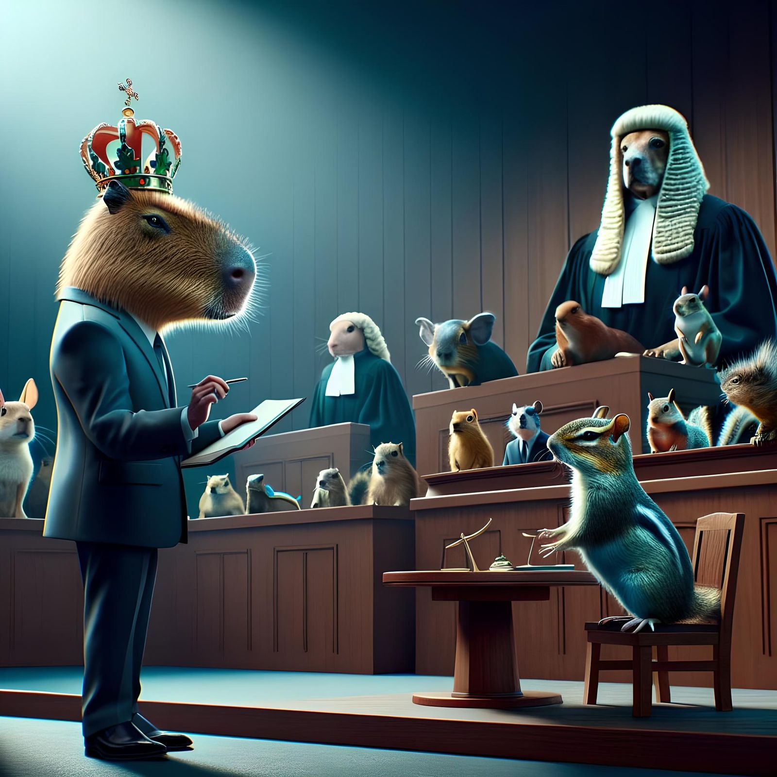 A capybara with a crown on his head works as a lawyer in court and ...
