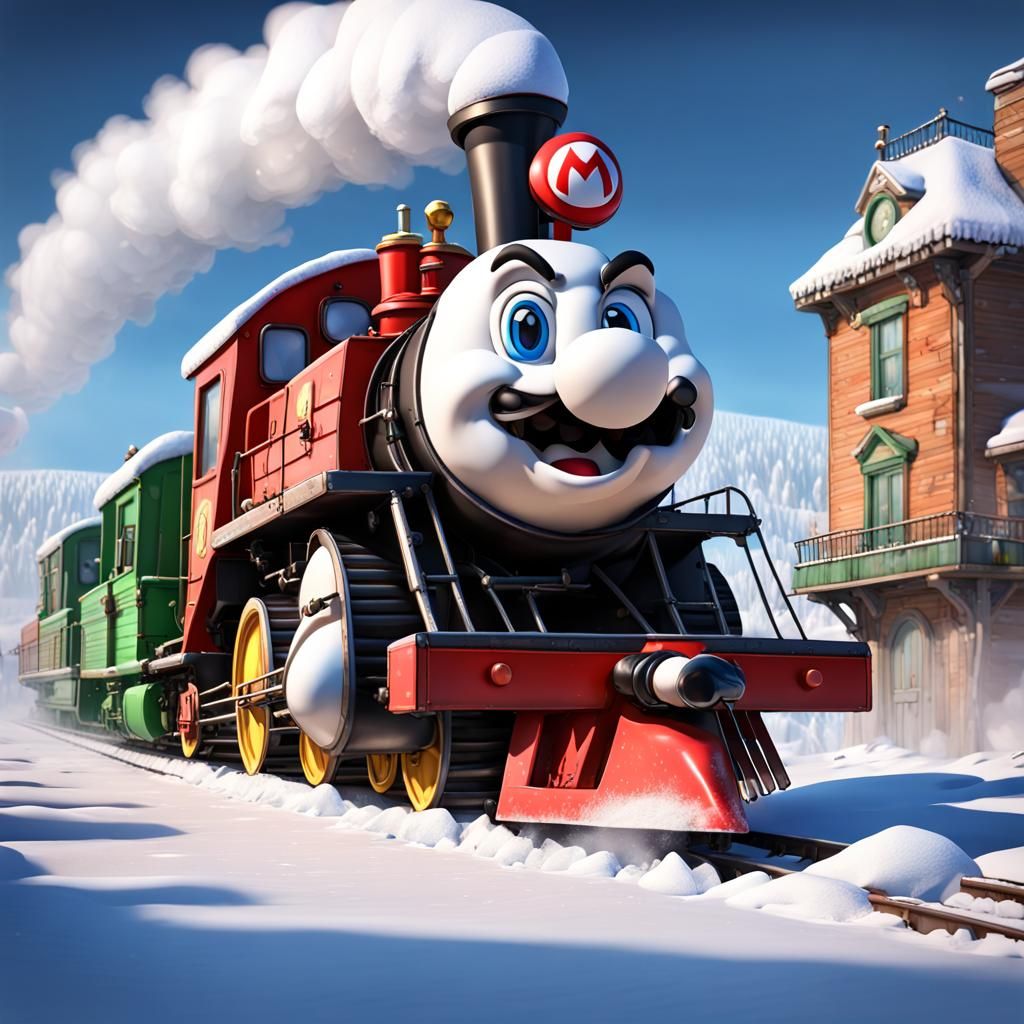 Mario steam punk train , snow plow train at high speed in snow blizzard ...