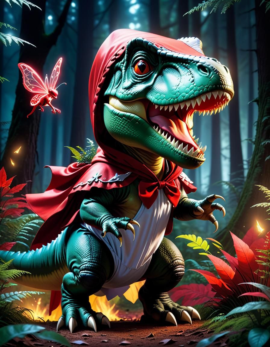 Little T-Rex Red Riding Hood isn't afraid of the wolf - AI Generated ...
