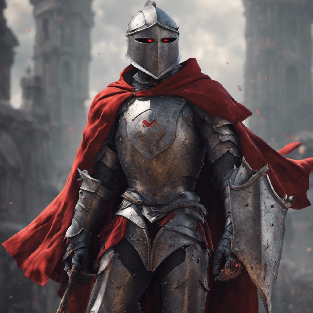 cell shaded knight with grey armor, barbuta helmet, red eyes and red ...