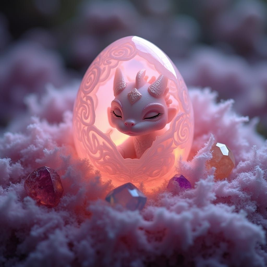 Whimsical Rose Quartz Dragon's Egg with Newborn - AI Art