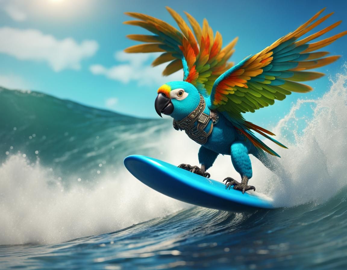 Parrot surfing waves - AI Generated Artwork - NightCafe Creator