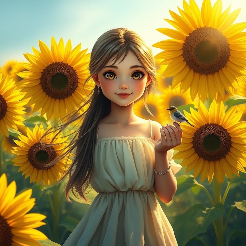 Confident Girl in Sunflower Field with Perched Bir... - AI Art