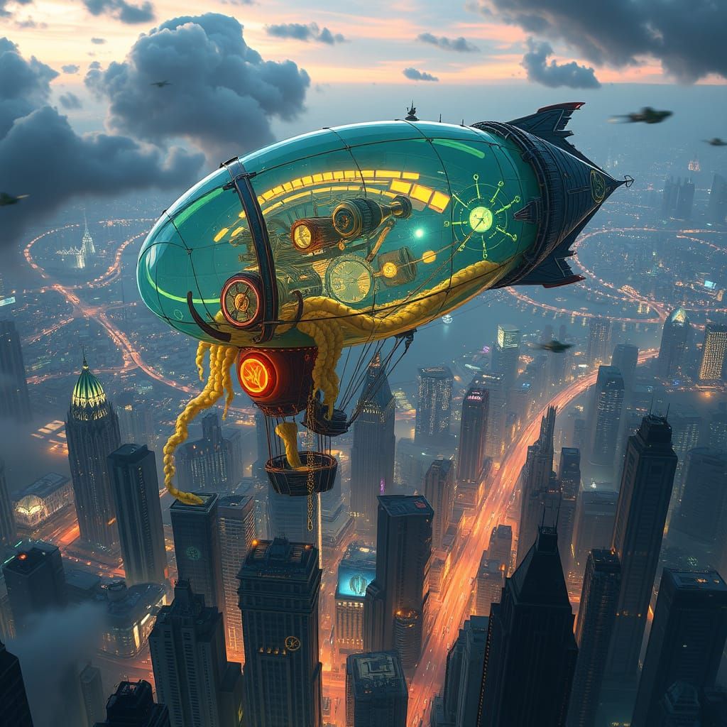 A majestic, steampunk-style zeppelin shaped like a giant jellyfish ...