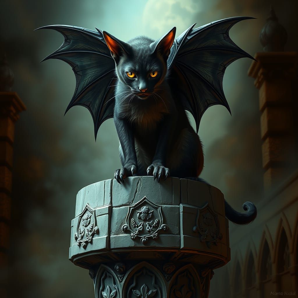 "Bat Cat" - Gothic Feline Angel Perched on Pedestal