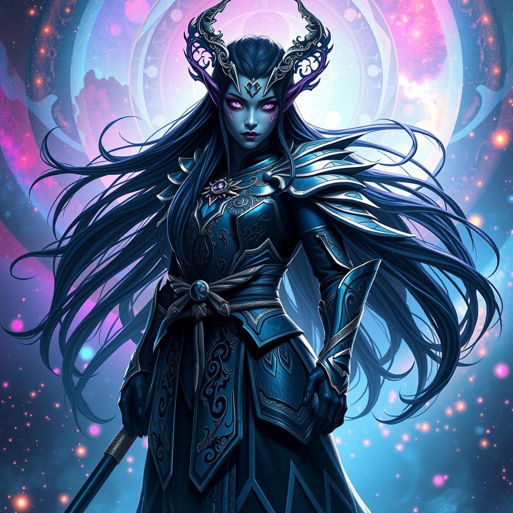 Majestic Drow Elf Samurai in Vibrant Nebula - AI Art