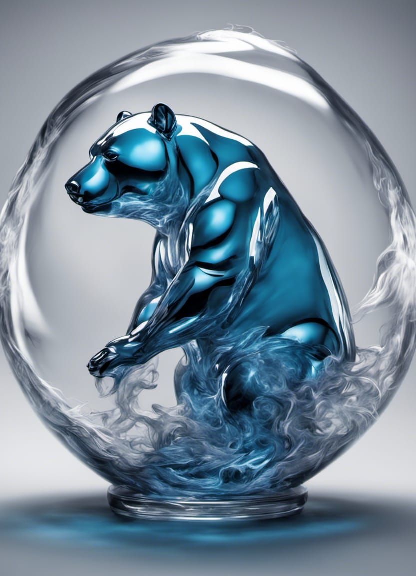 Insane depth, a huge Glass blown Obsidian Obese Bear figurine macro shot, broad outstretched ...
