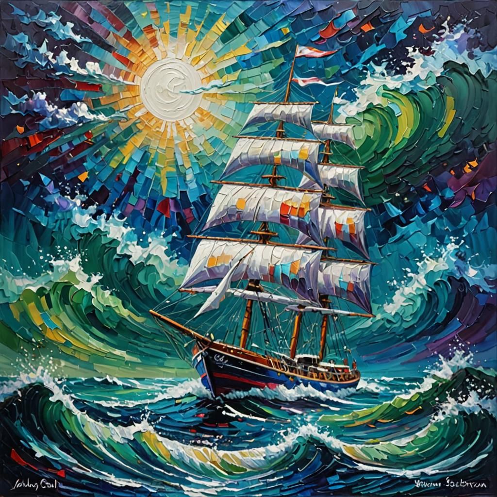 Vivid cosmic sailboat ocean, impressionism, deep colors - AI Generated ...