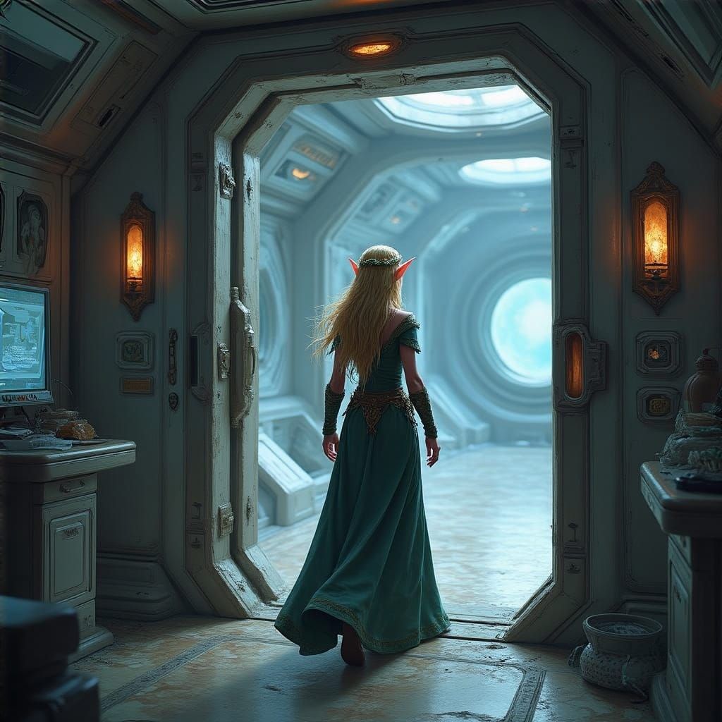Elven Princess Enters Space Station Room Through M... - AI Art