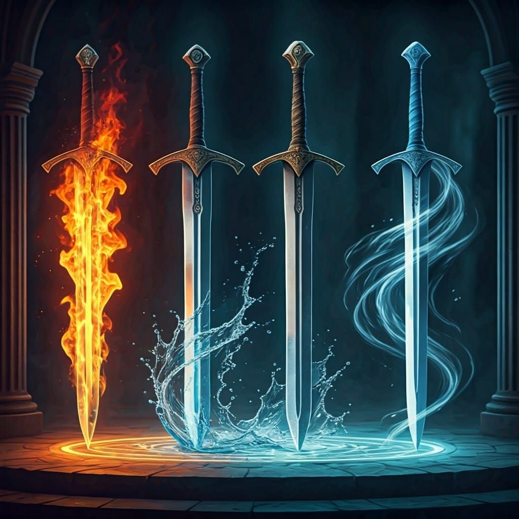 A set of four elemental swords, each representing one of the classical ...