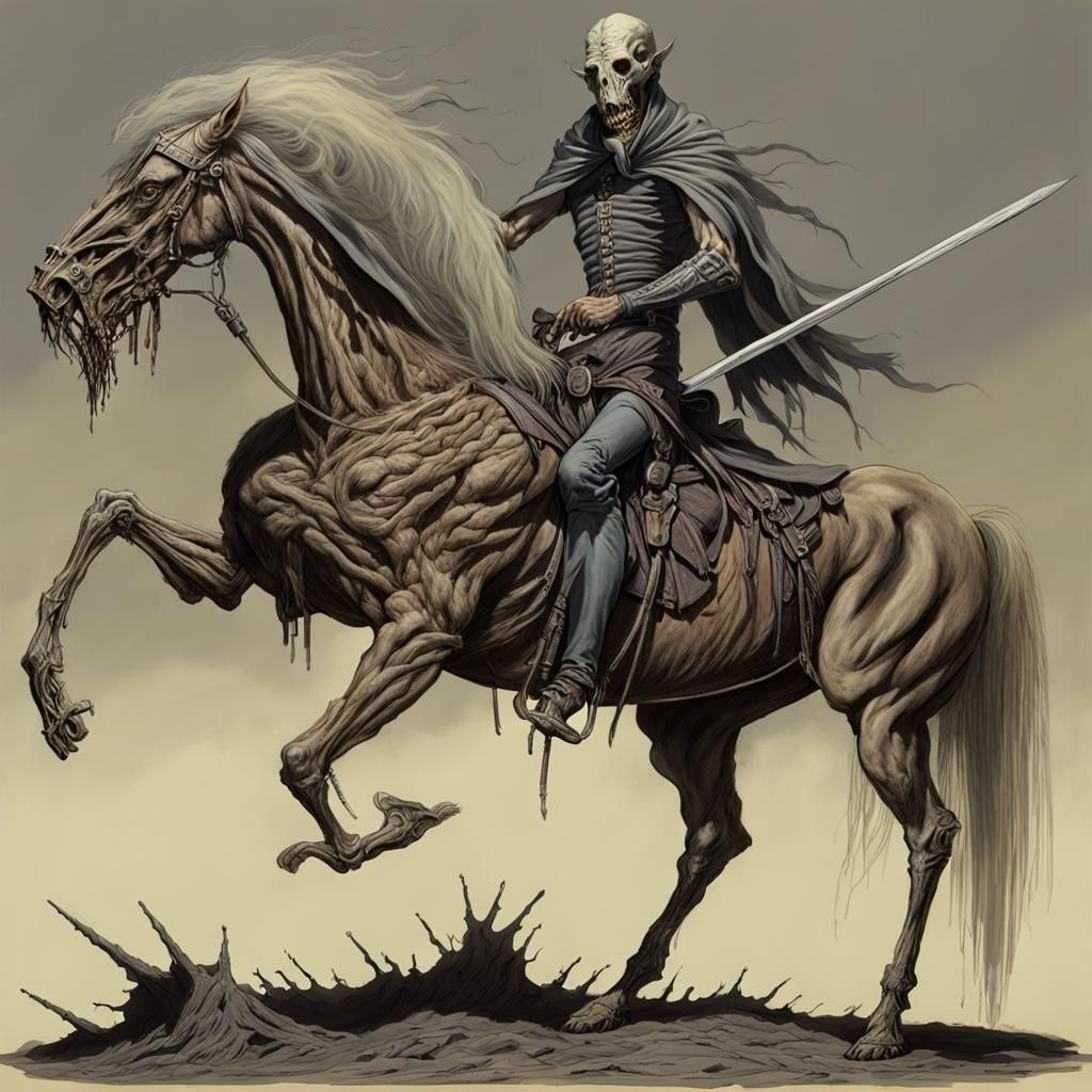 undead skinless horse and rider , fusion of horse and rider, bare ...
