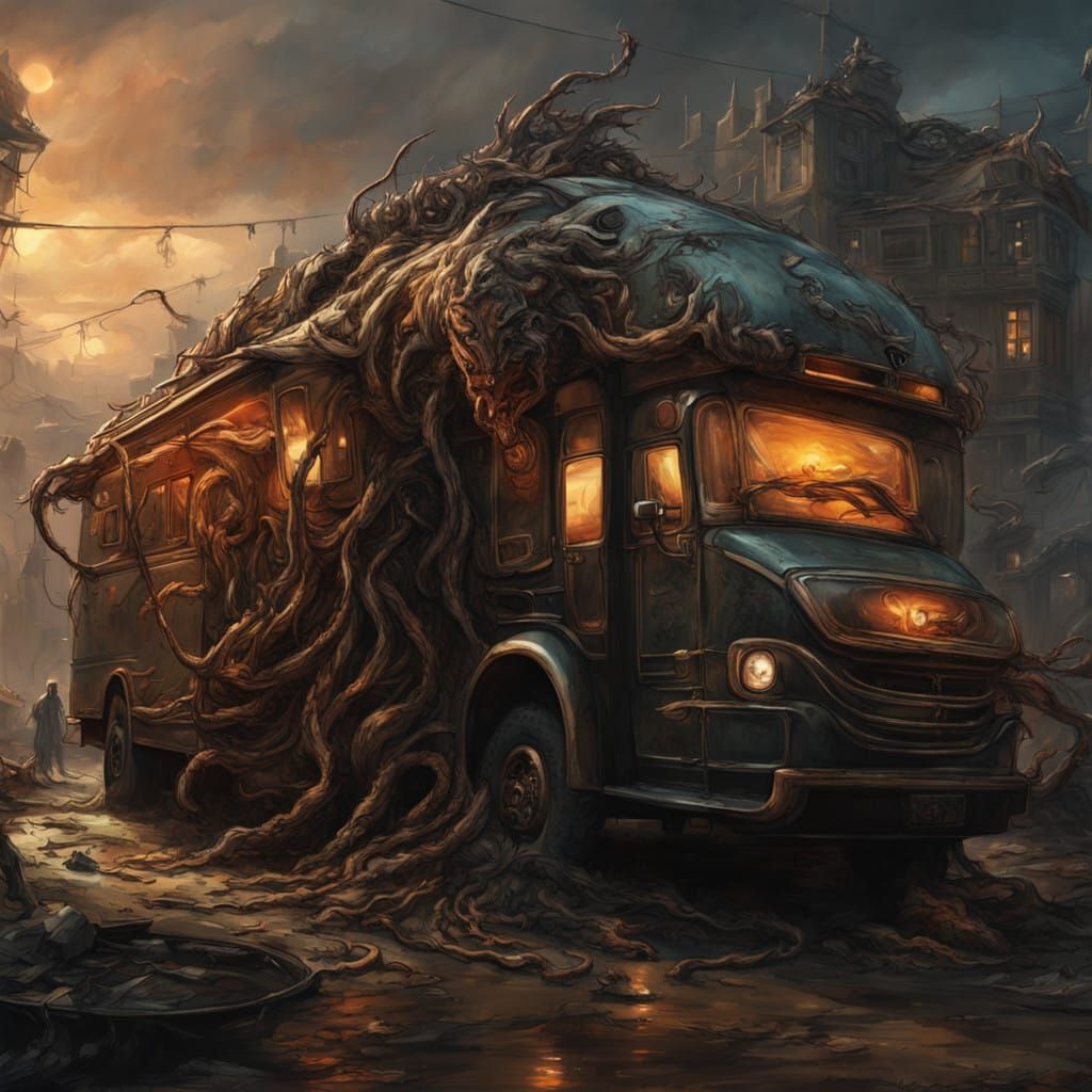 An RV monster eating people. Dead human on the ground. People running ...