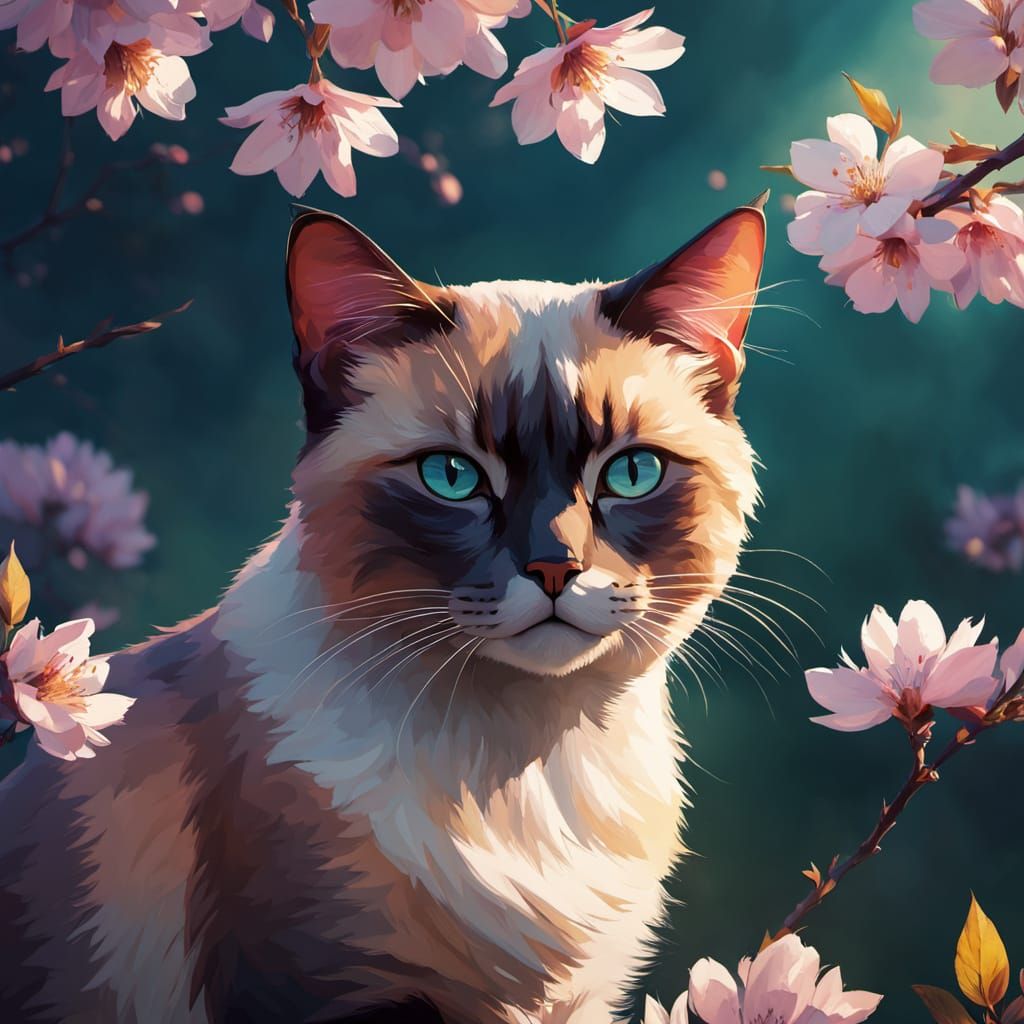 A beautiful watercolor of a sitting siamese cat. landscape. sakura blossom.