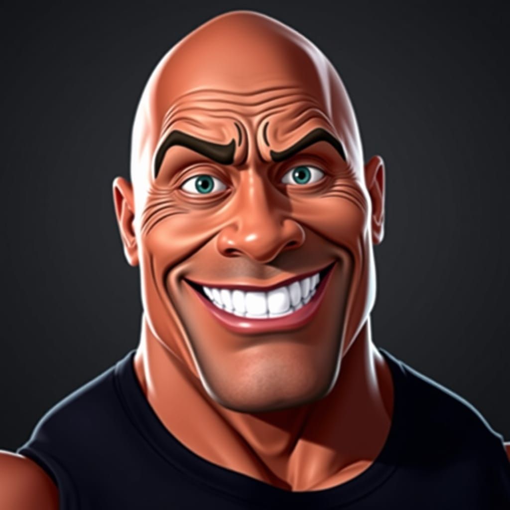 Highly detailed caricature of Dwayne "The Rock" Johnson, raising his ...