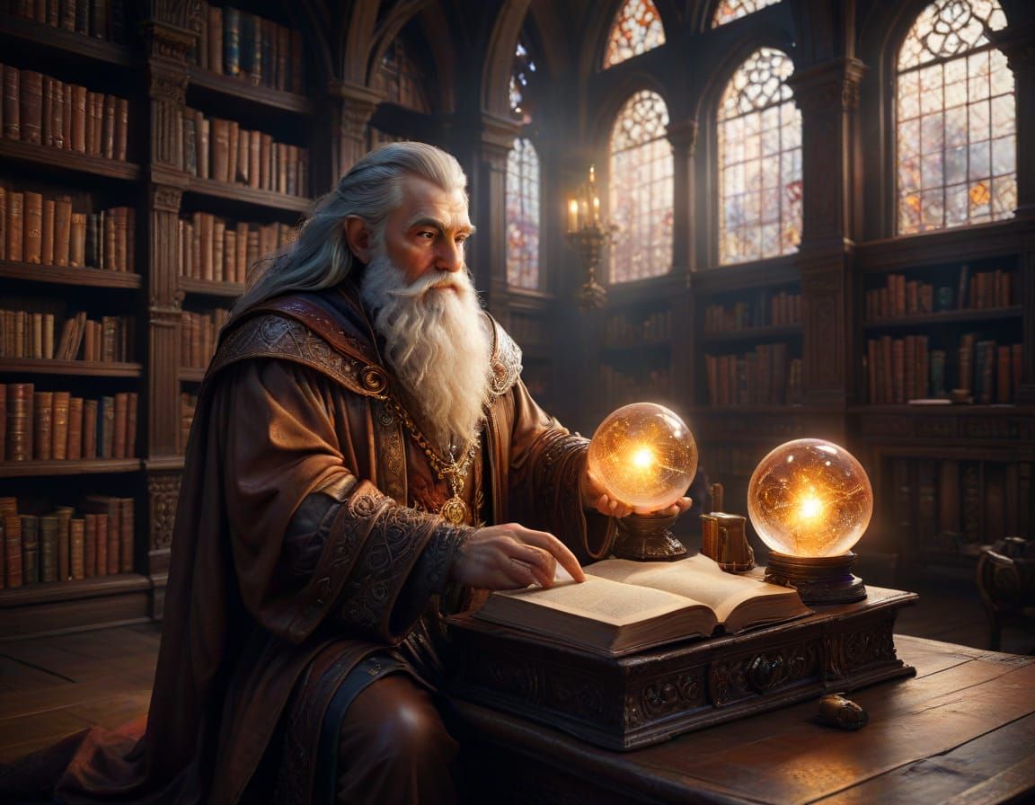 Ethereal Wizard in Grand Library Portrait - AI Art