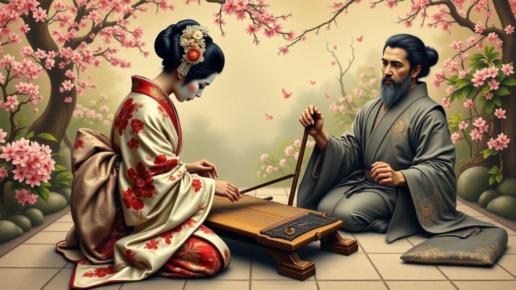 Mourning Geisha - Ethereal Geisha in Kimono, Playing Samisen...
