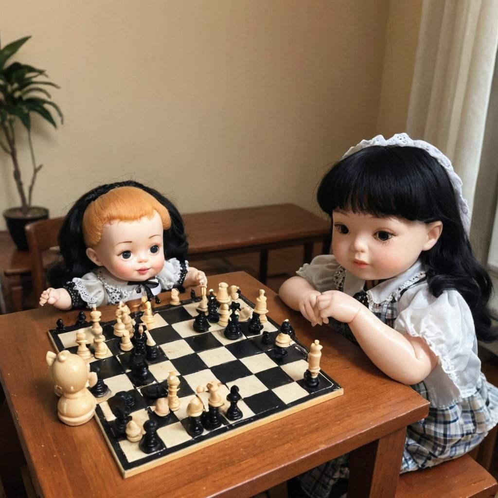 2 Kewpie dolls playing chess in a doll house - AI Generated Artwork ...