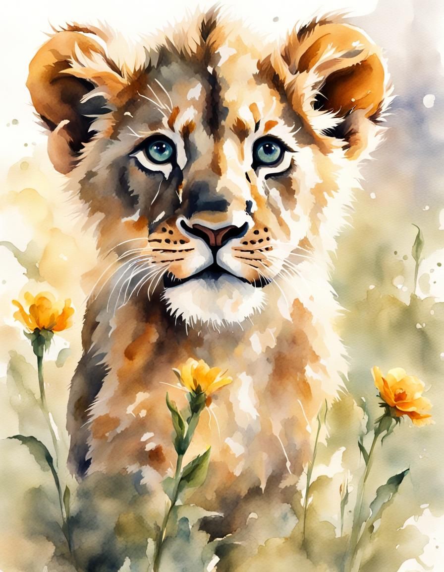 a very simple hyper realistic watercolor drawing of a cute lion baby ...
