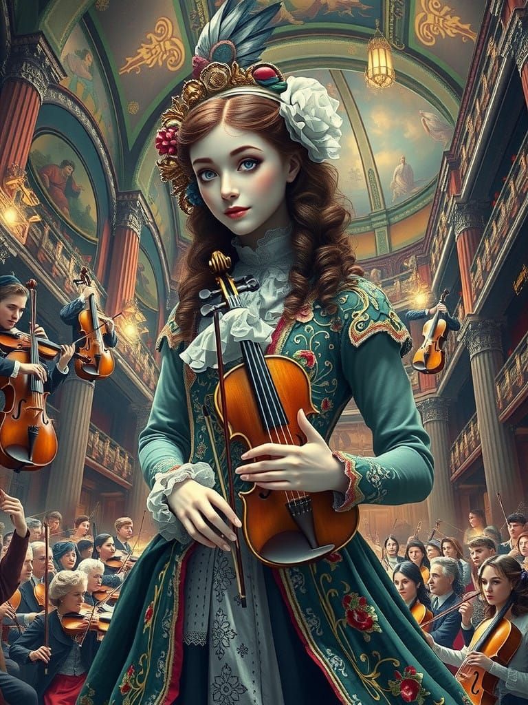 Night Concert. Orchestral Masterpiece: Elegant Violinist amidst Grand ...
