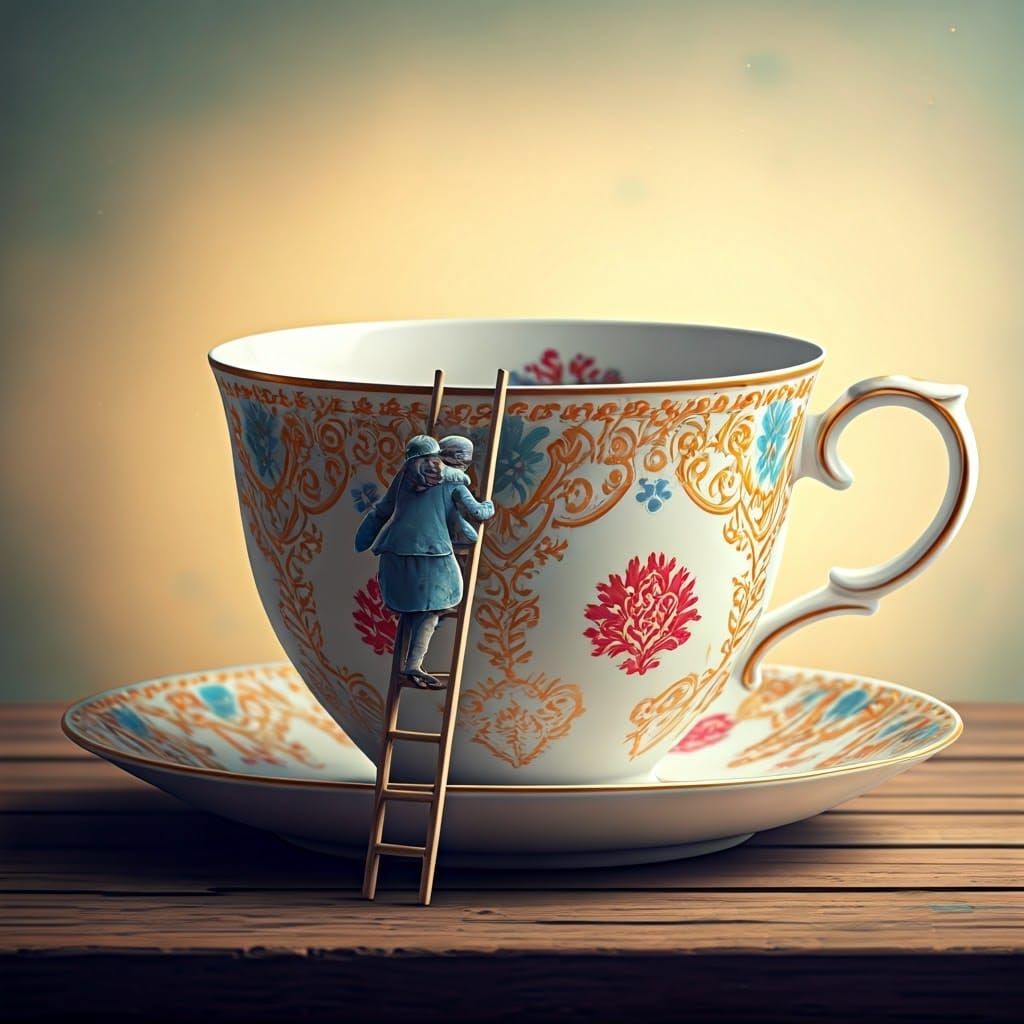 Two Heads - Whimsical Tea Cup Ascent in Dreamlike Style