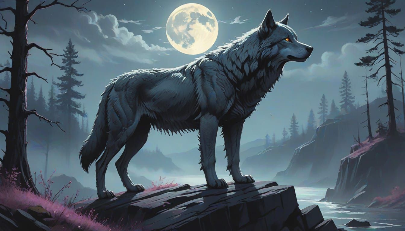 Majestic Dire Wolf - Regal Dire Wolf Silhouetted Against Twi...