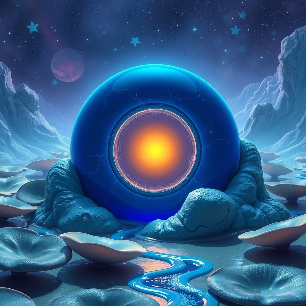 Glowing Sapphire Portal Surrounded by Lilypad Slim... - AI Art