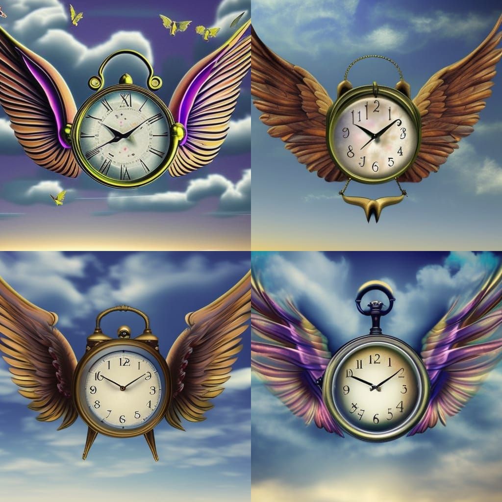time is flying by, beautiul vintage flying clock with wings in the sky ...