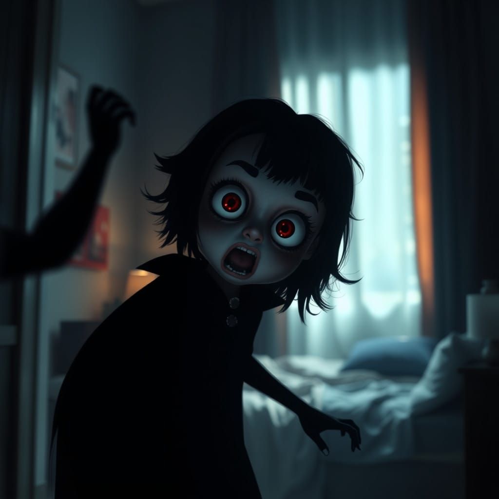 Extremely dark shadows effect. CGI style. a cute (vampire woman) is ...